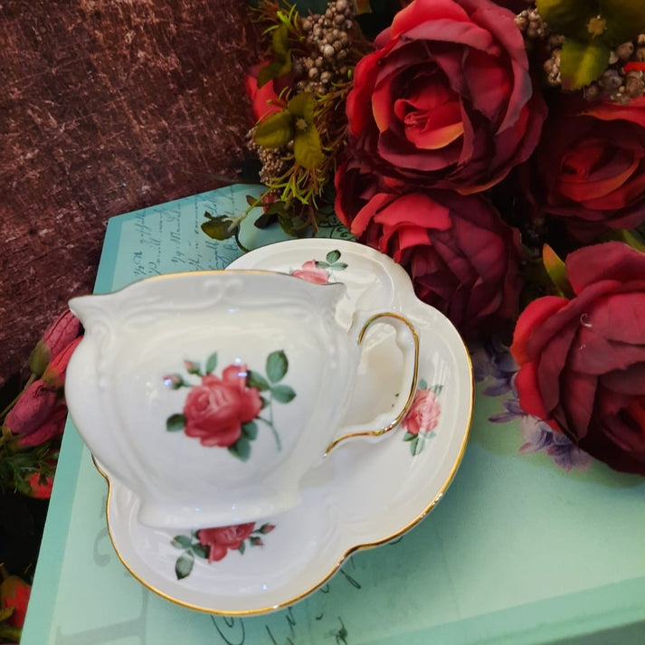 Porcelain Cup & Saucers with Single Rose Design Set of 6 – Navya Store